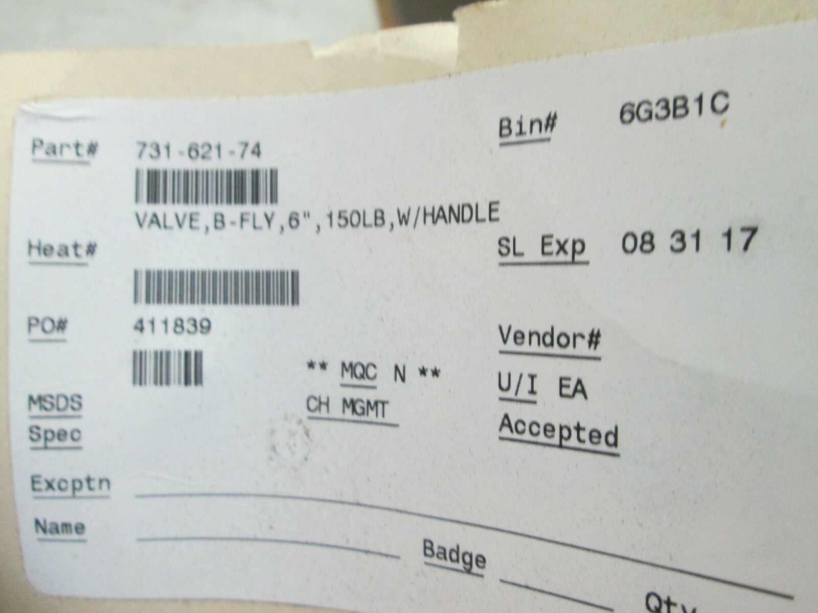 Centerline Wafer Style Butterfly Valve P/N: 731-621-74 6" Wafer Style ...
