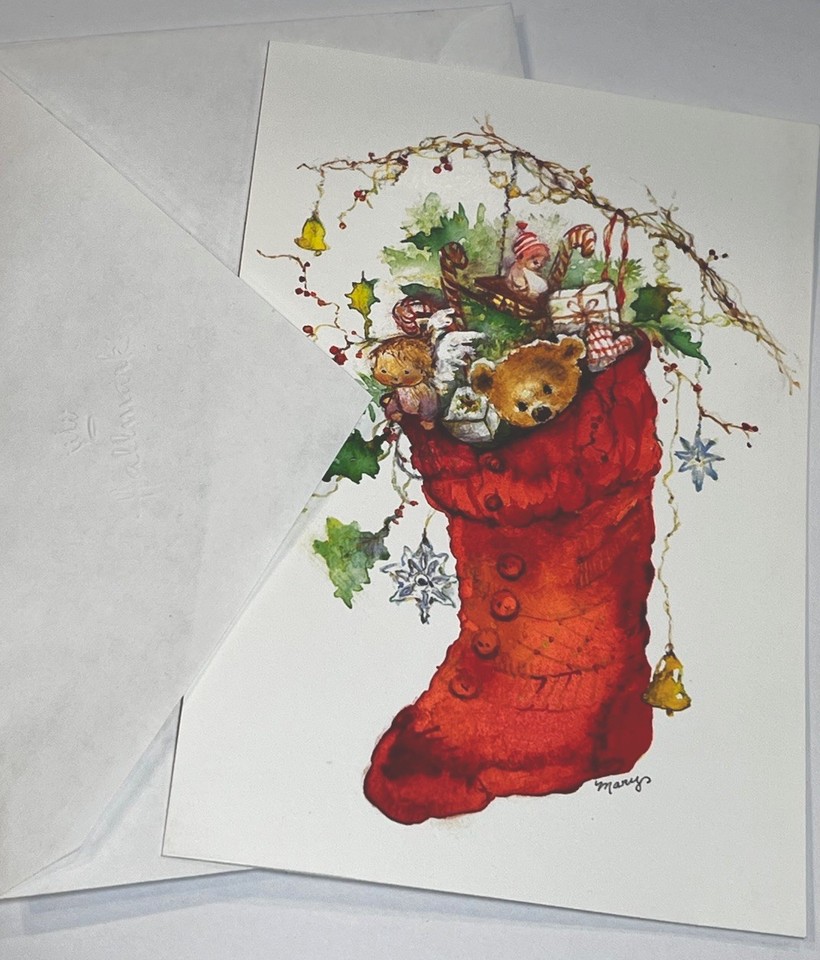 Vintage Mary Hamilton Teddy Bear Stocking Angel Christmas Card Hallmark ...