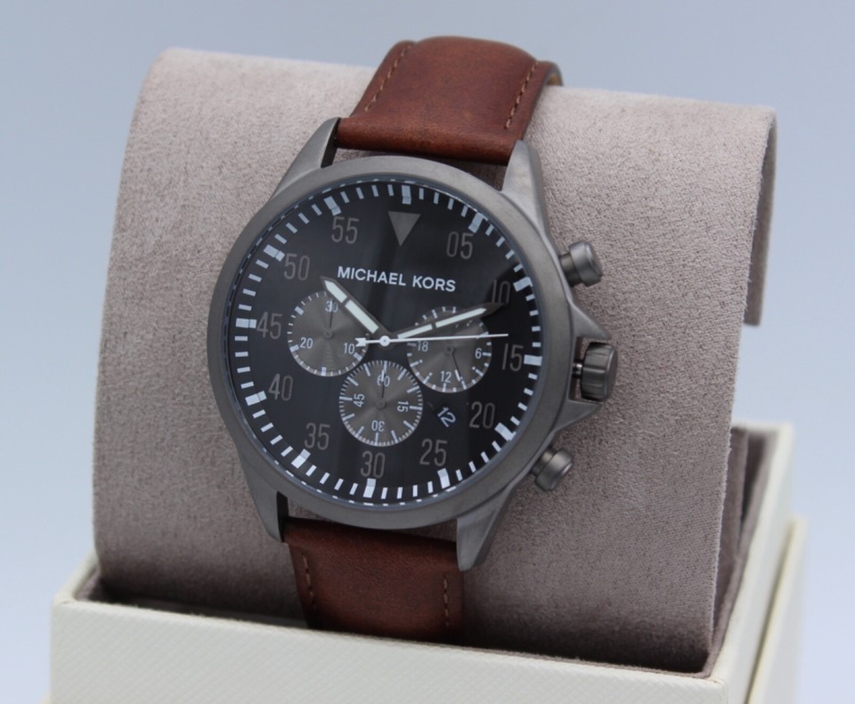 NEW AUTHENTIC MICHAEL KORS GAGE GREY BROWN LEATHER CHRONOGRAPH MENS ...