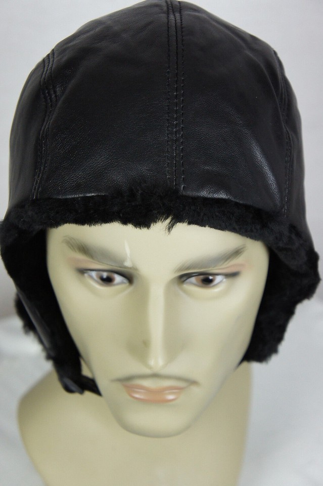 100% Real Leather Sheepskin Fur Helmet Biker Motorcycle Aviator Trapper ...