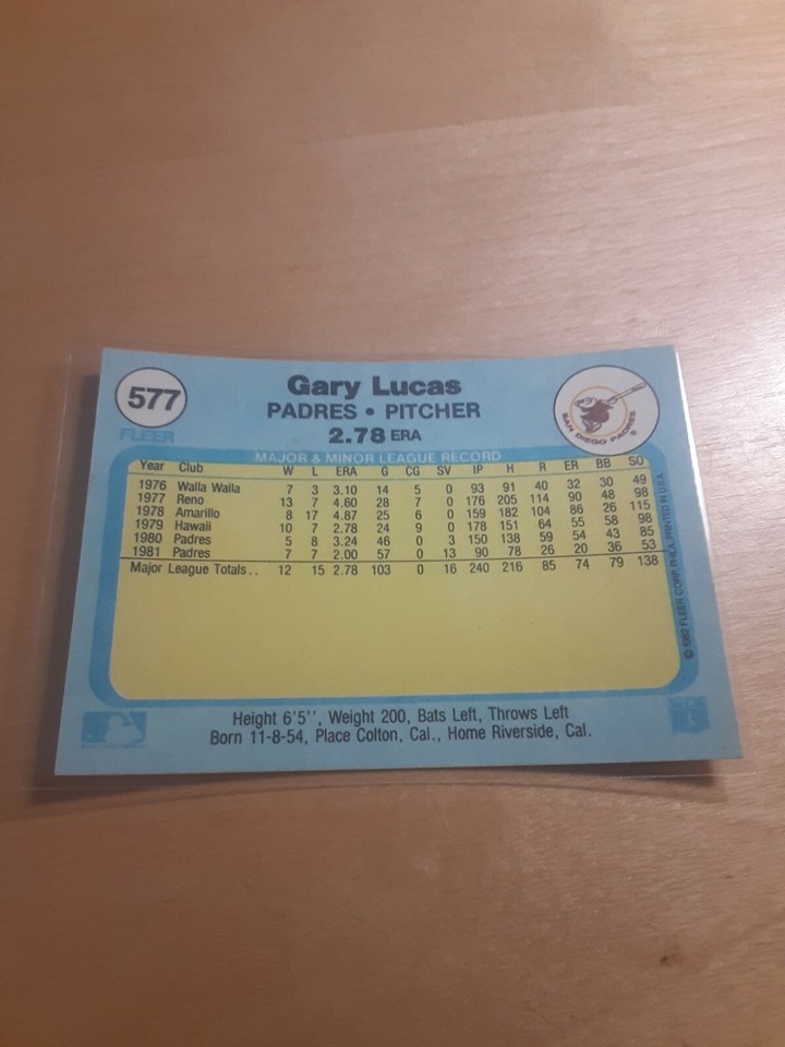 1982 Fleer #577 GARY LUCAS San Diego Padres Baseball Card, Pitcher ...