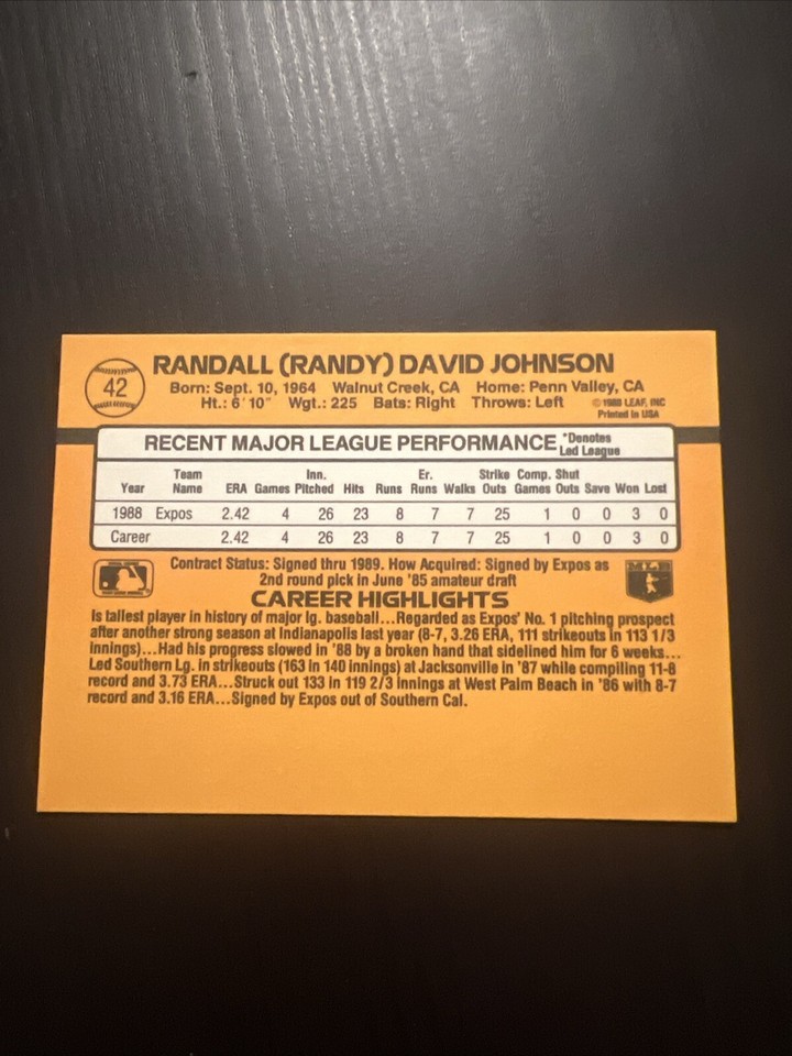 1989 Donruss - Rated Rookie #42 Randy Johnson Error Card | eBay