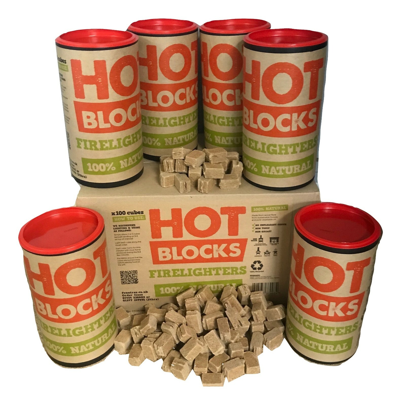 Hotblocks Firelighters 1 box = 6 tubs = 600 natural firelighters, safe ...