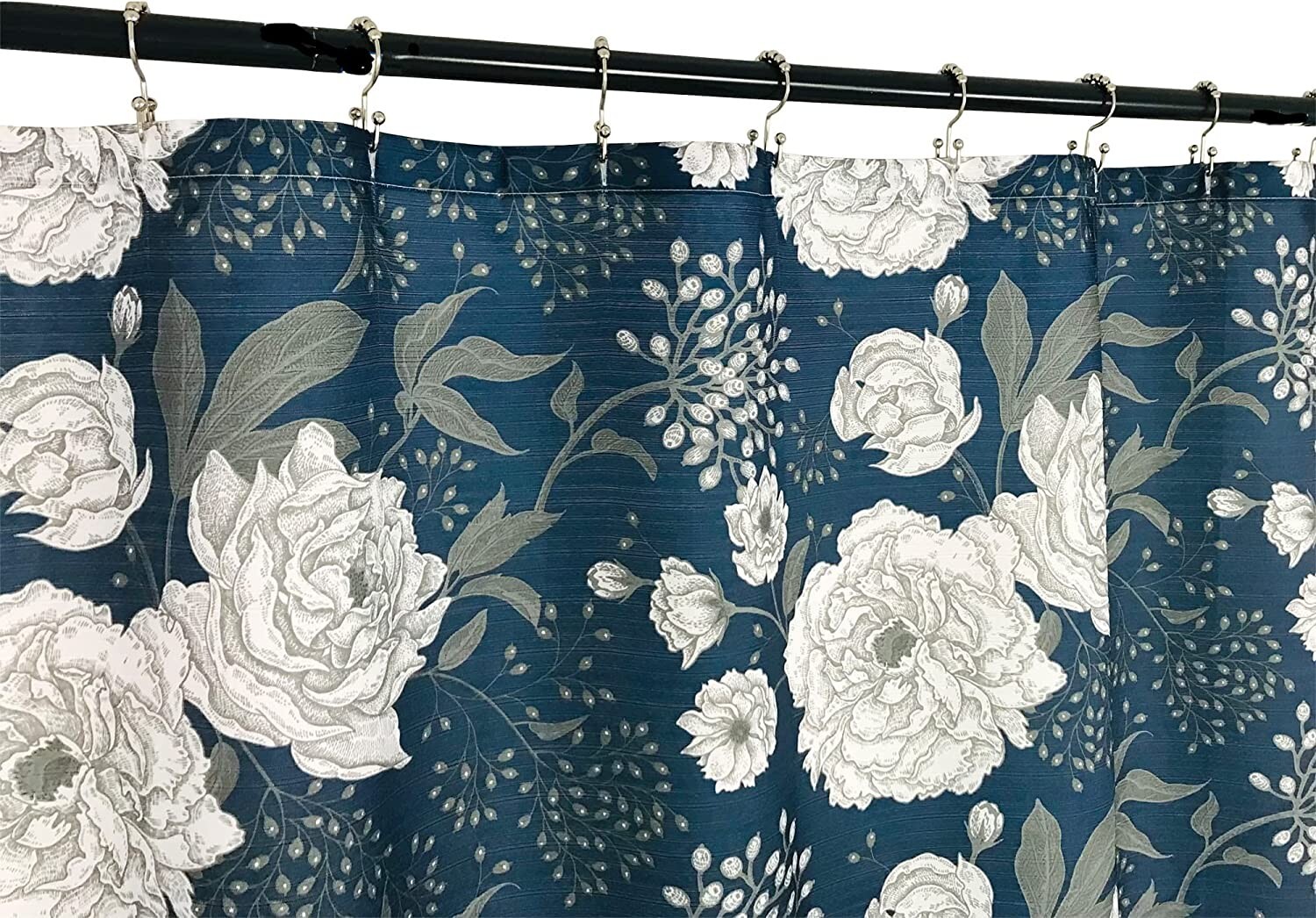 Dark Blue Floral Fabric Shower Curtain: Flower Leaf Berry Sketch Design ...