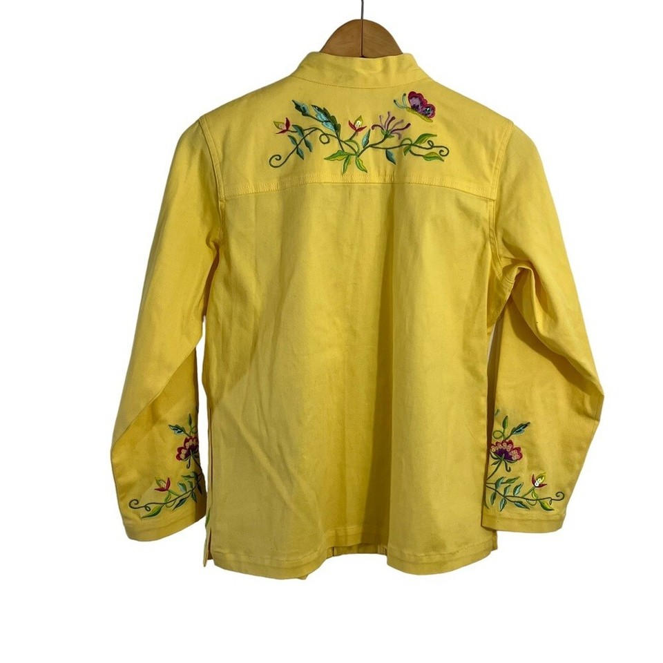 Quacker Factory XS Yellow Zip Jacket Floral Butterfly Beaded Sequin ...