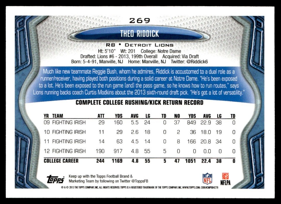 Theo Riddick #269 2013 Topps Detroit Lions RC | eBay