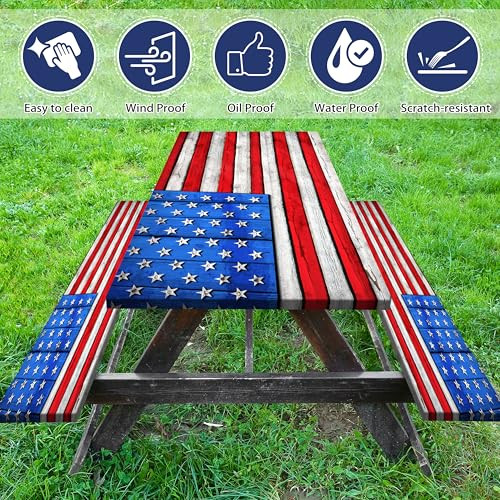 American Flag Picnic Table Cover with Bench Covers Set Wood Texture ...