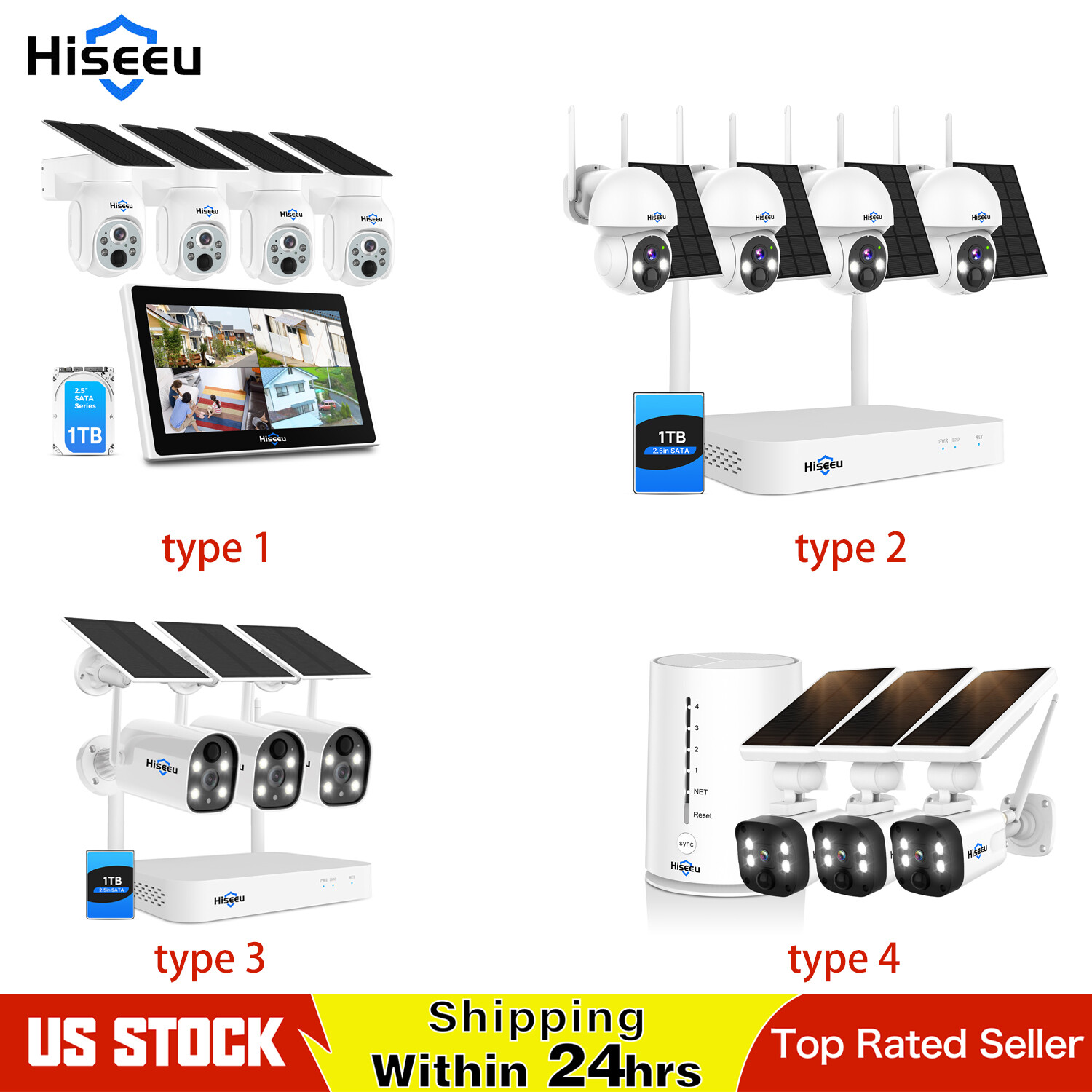 Hiseeu Solar Battery Wireless WiFi Security Camera System Outdoor 2-Way ...