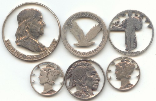 6 Cut Out Coin,Franklin Half,Standing Liberty Quarter,Mercury Dime ...