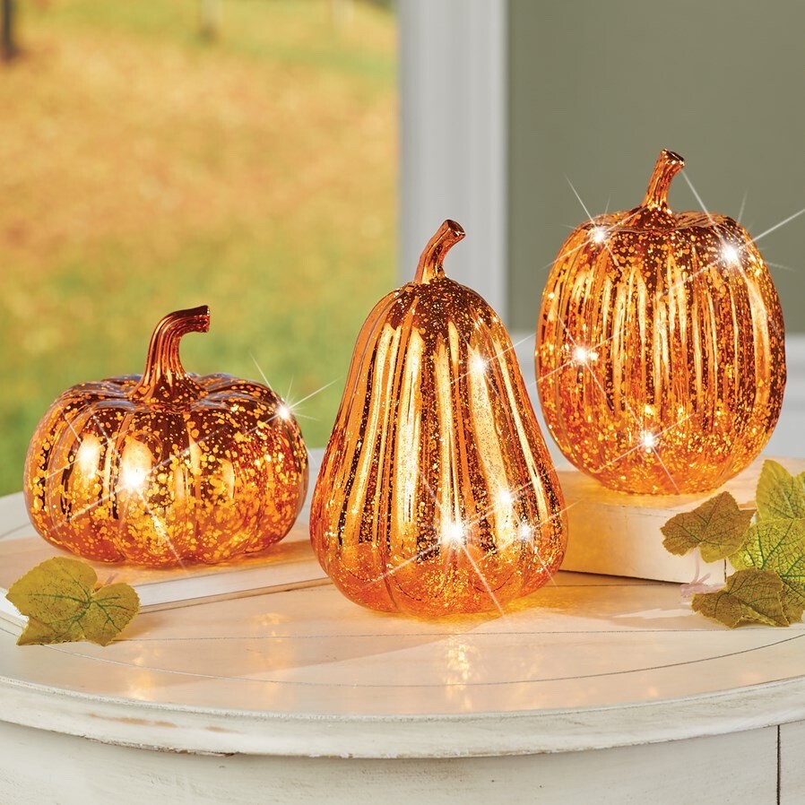 Set of 3 LED Lighted Faux Mercury Pumpkins Thanksgiving Tabletop Fall ...