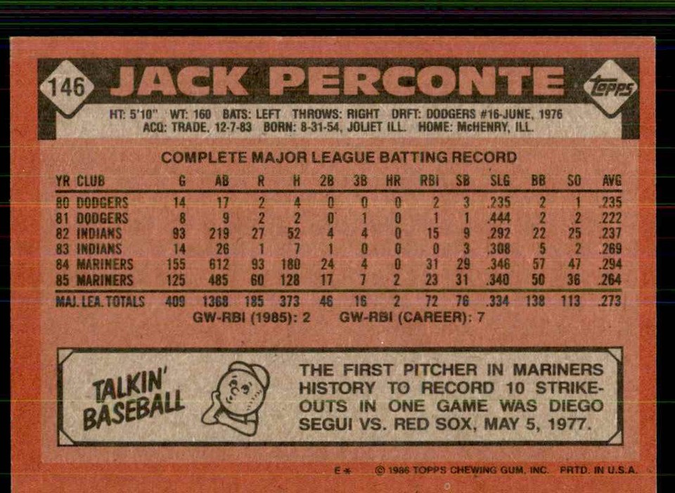 1986 Topps Jack Perconte Signed IP AUTO Seattle Mariners #146 | eBay