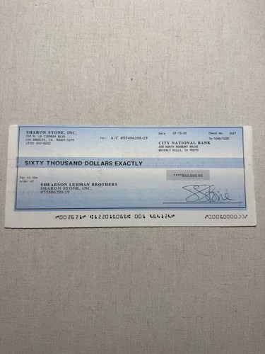 Sharon Stone Signed 1993 Check to Shearson Lehman Brothers – $60k ...