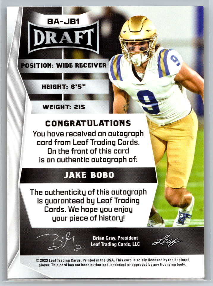 Jake Bobo 2023 Leaf Draft Gold XRC Rookie Auto BA-JB1 UCLA Bruins | eBay