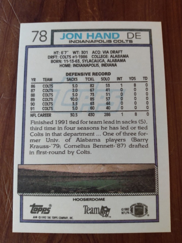 Jon Hand - Indianapolis Colts Defensive End - Topps NFL 1992 Card #78 ...