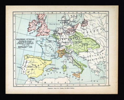 Antique Map Europe Treaty of Utrecht 1713 & Rastatt 1714 England France ...