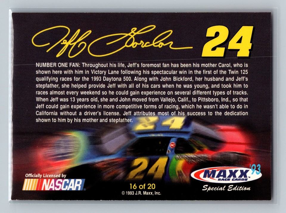 Number One Fan #16 1993 Maxx Special Edition Jeff Gordon Hendrick ...