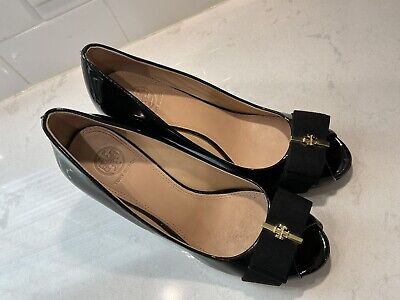 Tory Burch Women's Size 7.5 TRUDY Black Patent Peep Toe Tory Burch Women's Size 7.5 TRUDY Black Patent Peep Toe
