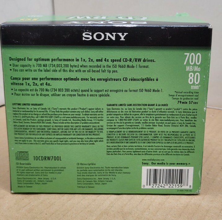 Sony CD-RW 10PK 700MB 80 Minutes Rewritable New Box Of 10 CD In Jewel ...