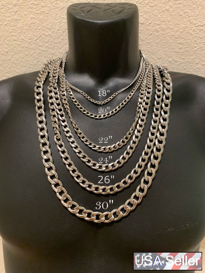 18 INCH, 3/4/5/7/9/11mmSTAINLESS STEEL CUBAN CURB SILVER CHAIN USA ...