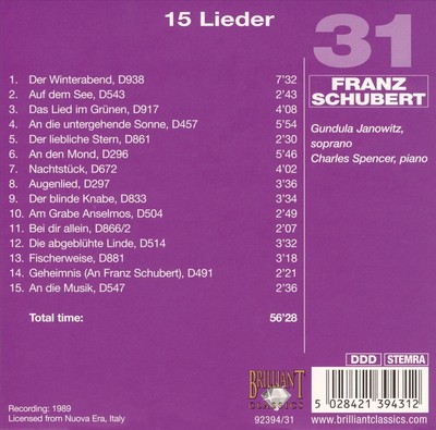 GUNDULA JANOWITZ FRANZ SCHUBERT: 15 LIEDER NEW CD | eBay