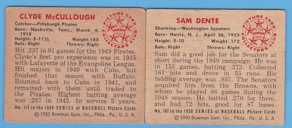 1950 Bowman Two (2) Different Cards. Dente #107, McCullough #124. | eBay