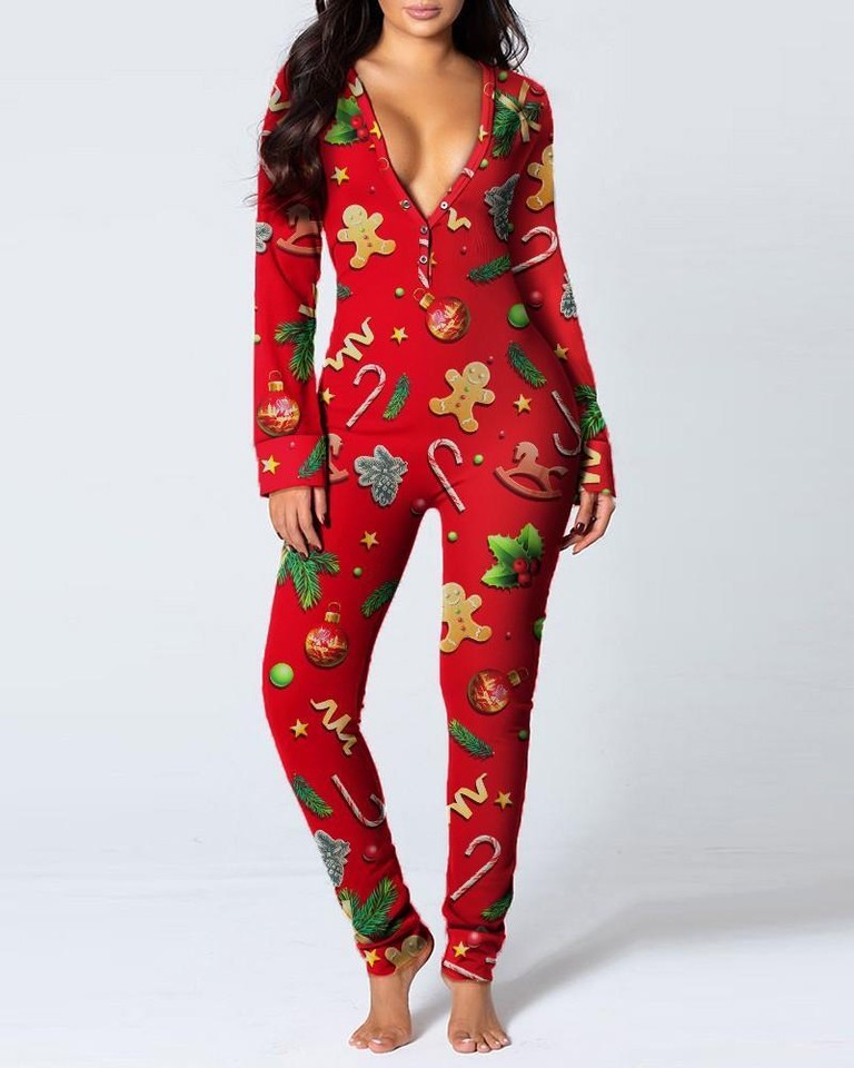 2025 Christmas Sexy Women deluxe Pajamas Button-Down Butt Open Ass Flap ...