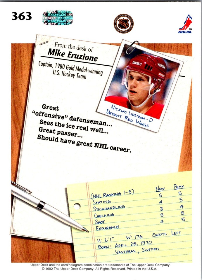 1992-93 Upper Deck - Rookie Report #363 Nicklas Lidstrom | eBay
