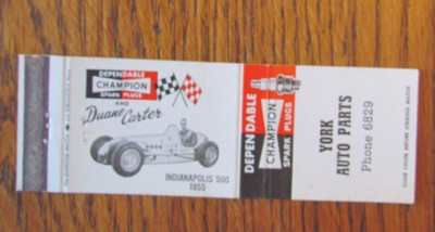 CAR RACING DRIVER MATCHBOOK COVER: DUANE CARTER 1955 INDY YORK, PA ...