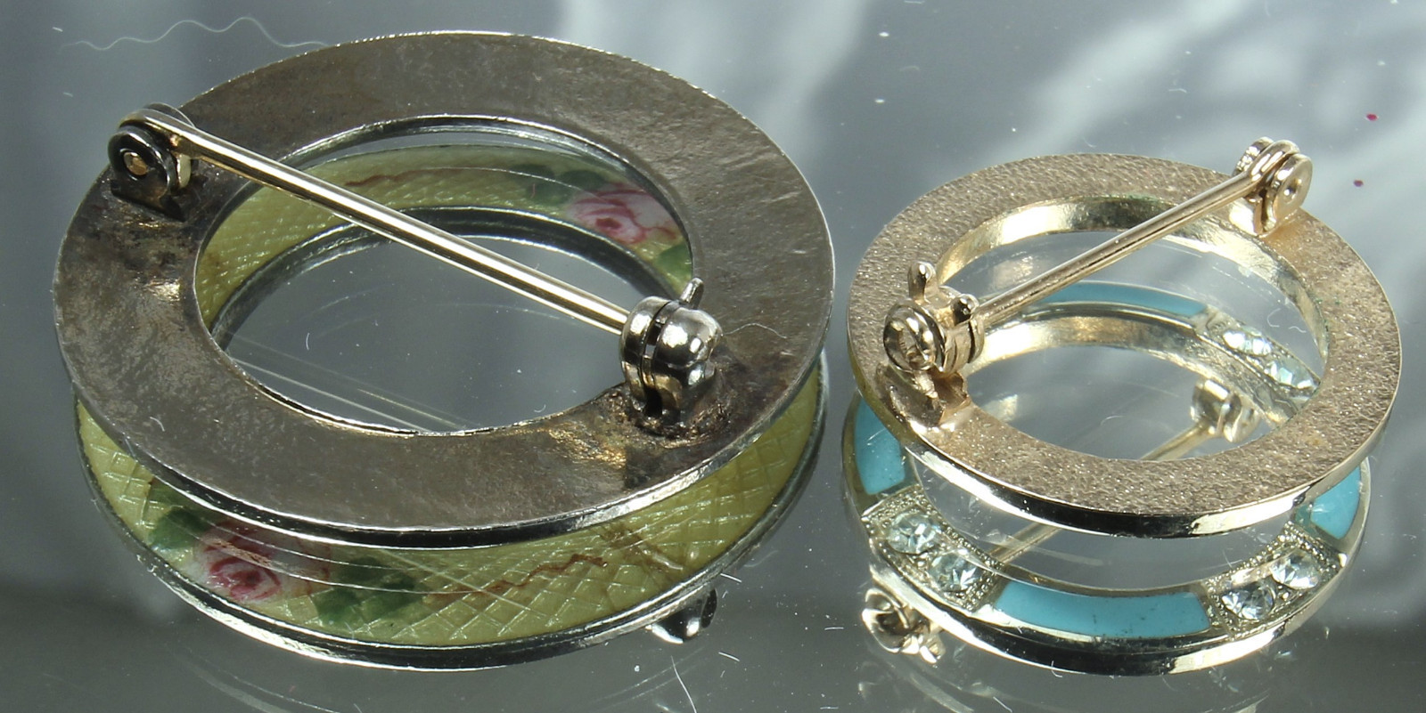 2 Vintage ENAMEL Circle Pins 1900s & 1960s GUILLOCHE … - Gem