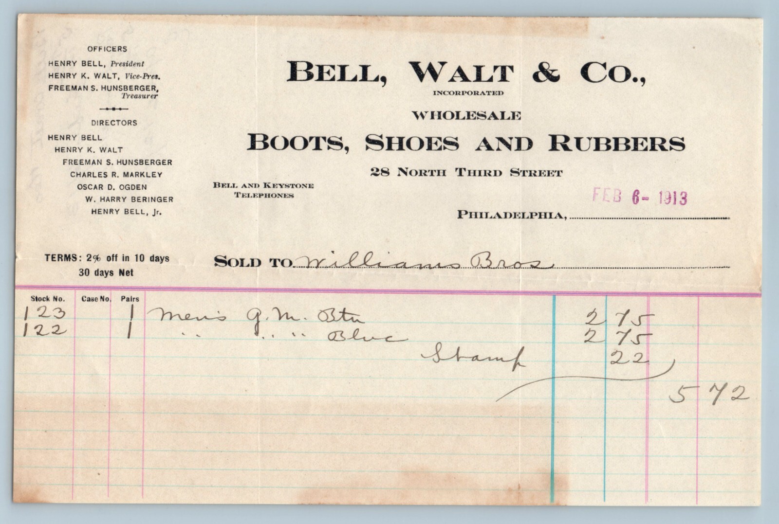 BILLHEAD RECEIPT Bell Walt & Co Boots Shoes and Rubbers Feb 6 1913 ...