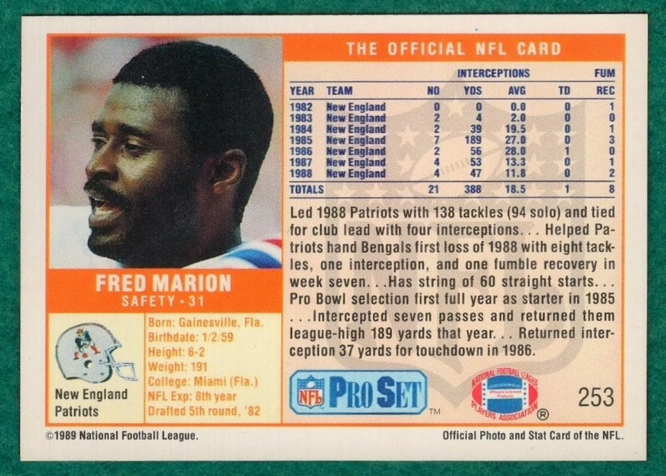 Fred Marion - 1989 NFL Pro Set #253 - New England Patriots Football ...
