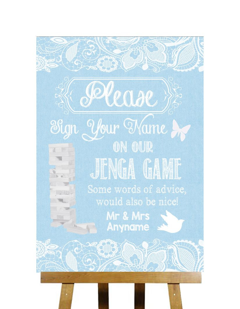 Blue Burlap & Lace Effect Jenga Game Message Personalised Wedding Sign ...