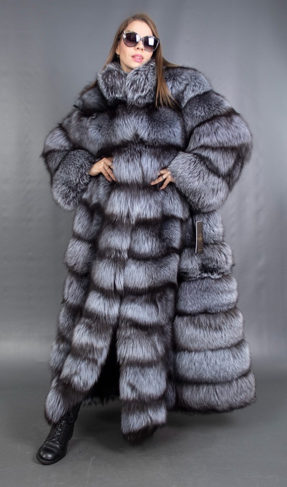 NEW AMAZING REAL SILVER FOX COAT LUXURY FUR SWINGER EXTRA LONG ...