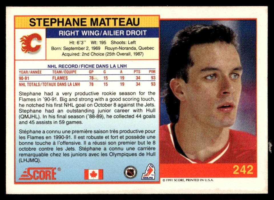 1991-92 Score Canadian Bilingual #242 Stephane Matteau Calgary Flames ...