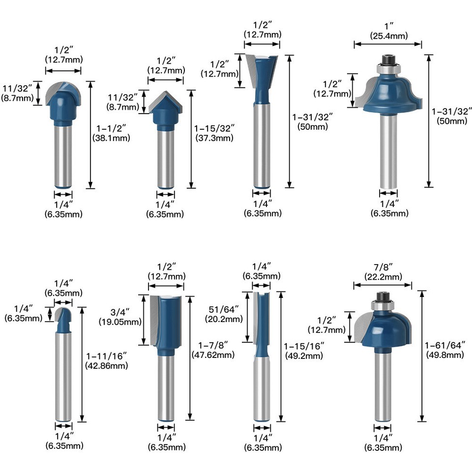 15PCS Set 1/4 Router Bit Cove Box/Chamfer/Dovetail/Round over/V-Groove ...