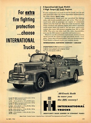 1956 International Harvester IH Fire Trucks Ad: Model V-196 V8 Engine ...