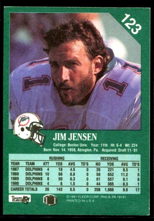 1991 Fleer Football Jim Jensen #123 Miami Dolphins | eBay