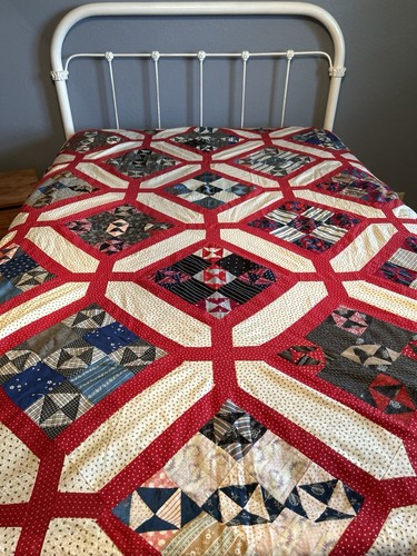 Vintage Hand Pieced Quilt Topper Patchwork Red Blue 91x68” Unfinished | eBay