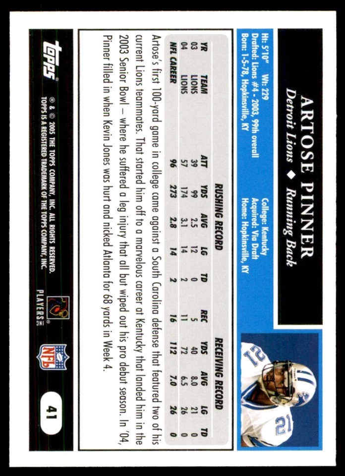 2005 TOPPS ARTOSE PINNER DETROIT LIONS #41 | eBay