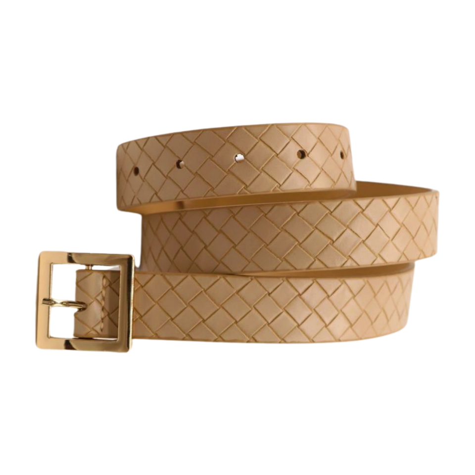 Women Beige Basket Weave Waistband Fashion Belt Gold Metal Square ...