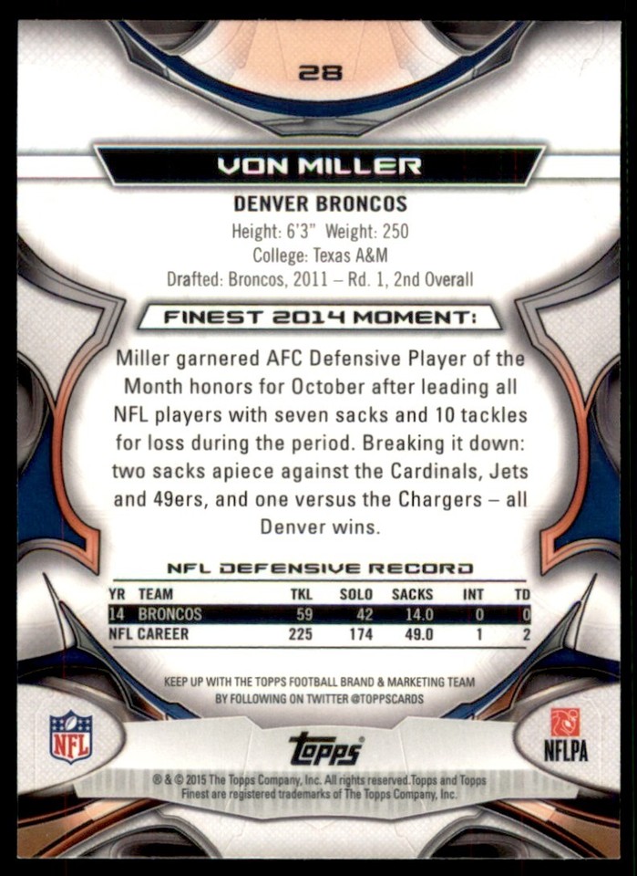 2015 Finest Refractor Von Miller Denver Broncos #28 Parallel | eBay