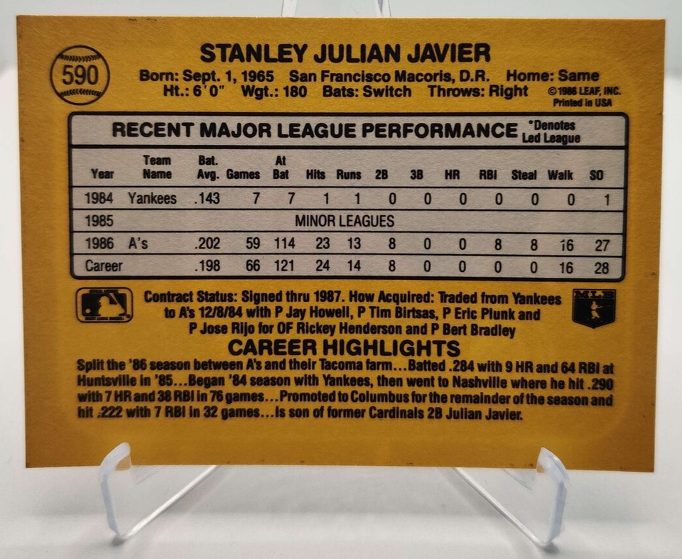1987 Donruss #590 Stan Javier Oakland Athletics Baseball Card | eBay