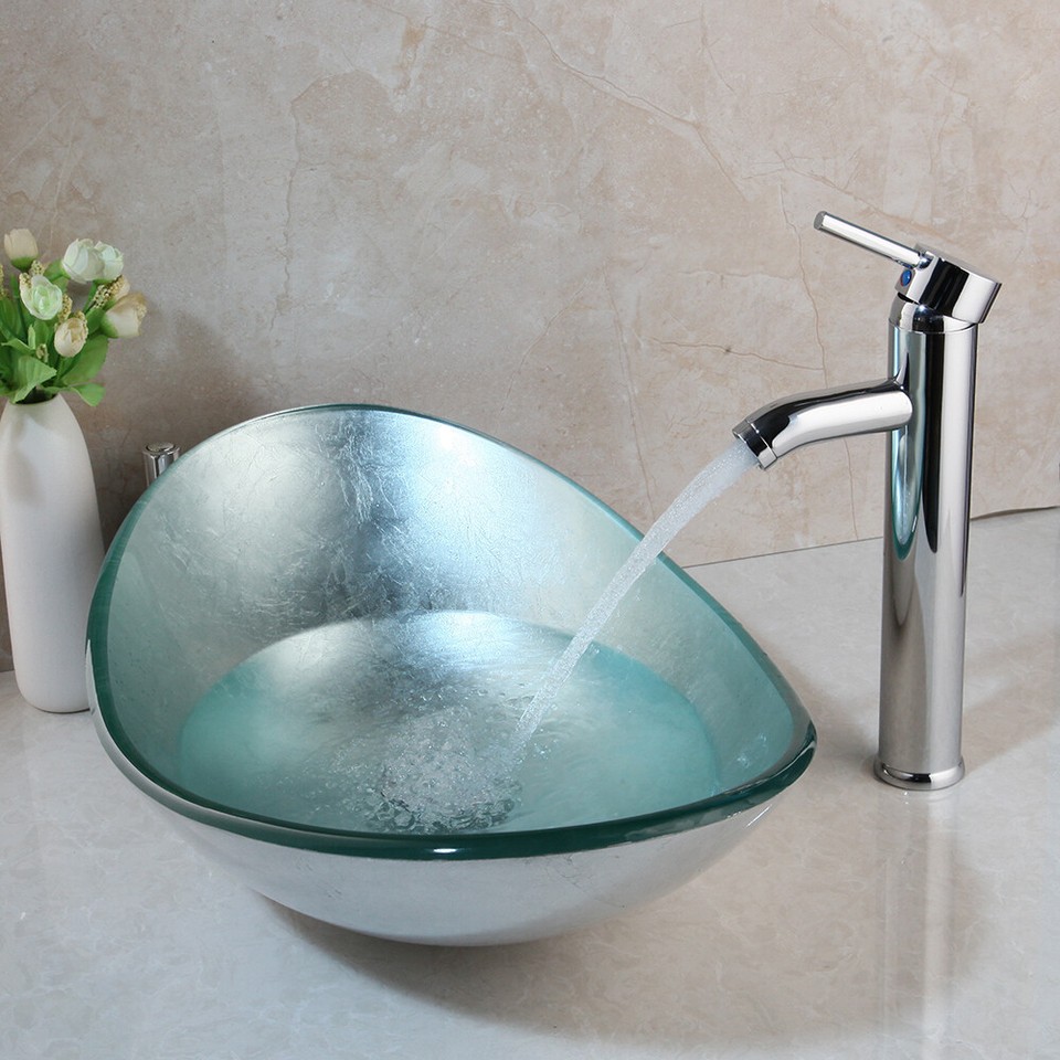 US Bathroom Oval Vessel Sink Tempered Glass Bowl Single Handle Faucet ...