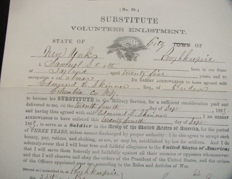 CIVIL WAR 96TH NEW YORK SUBSTITUTE CERTIFICATE WOUNDED SPOTTSYLVANIA ...