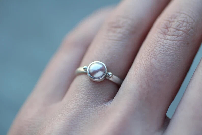 Sterling silver Pink pearl engagement ring, gift for her, Dainty pearl ...