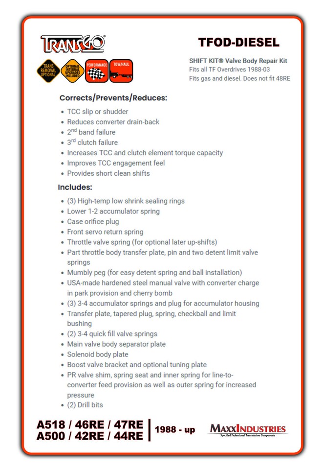 Transgo SK TFOD-DIESEL Dodge Ram Truck 46RE 47RE Performance Shift Kit ...