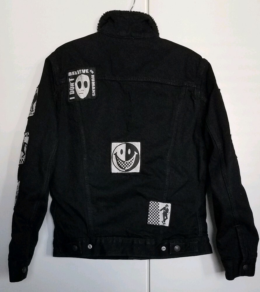 LEVIS Premium Big E Sherpa Trucker Rare Patch Battle Jacket Denim Black ...