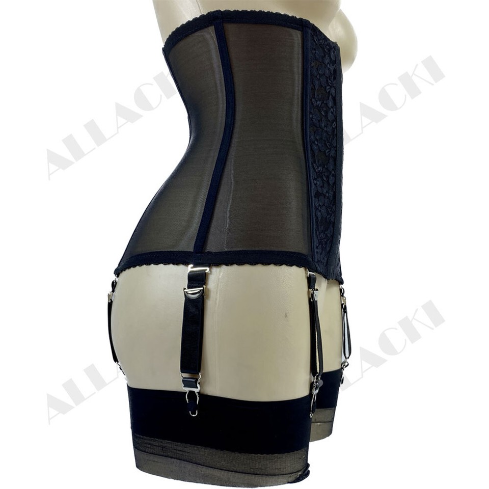 Alacki Sheer Garter Belt Mesh Boned Waist Cincher with 6 Straps Body ...