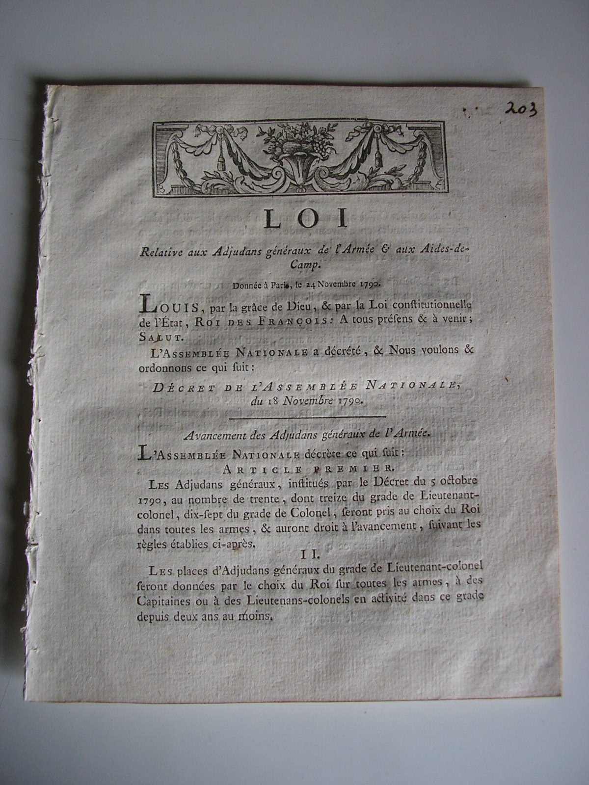 Loi Relative Aux Adjudans General L' Army & Aux Aides-de-Camp 1790 | eBay