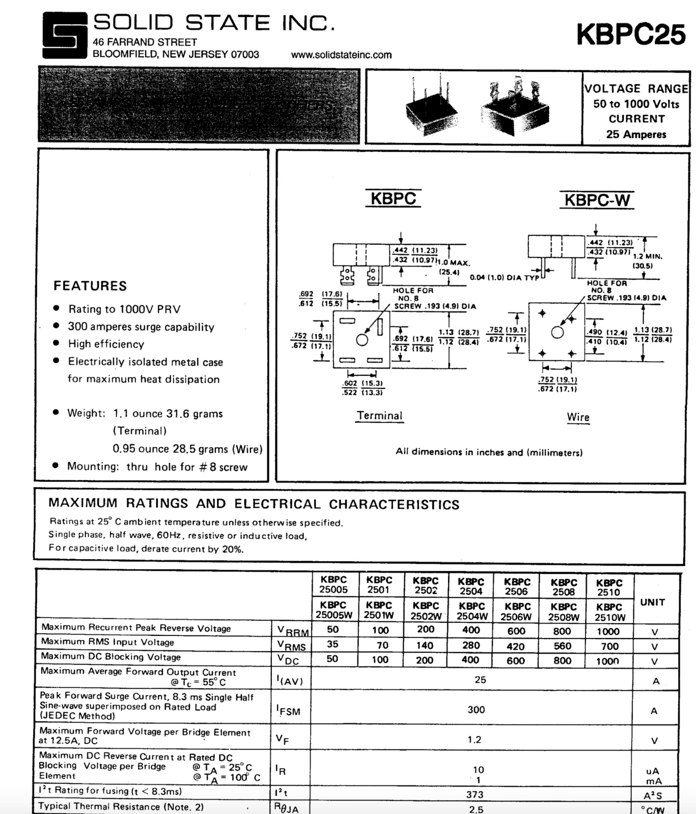 SOLID STATE KBPC2504 - Bridge Rectifier Diode, Single, 400 V, 25A ...